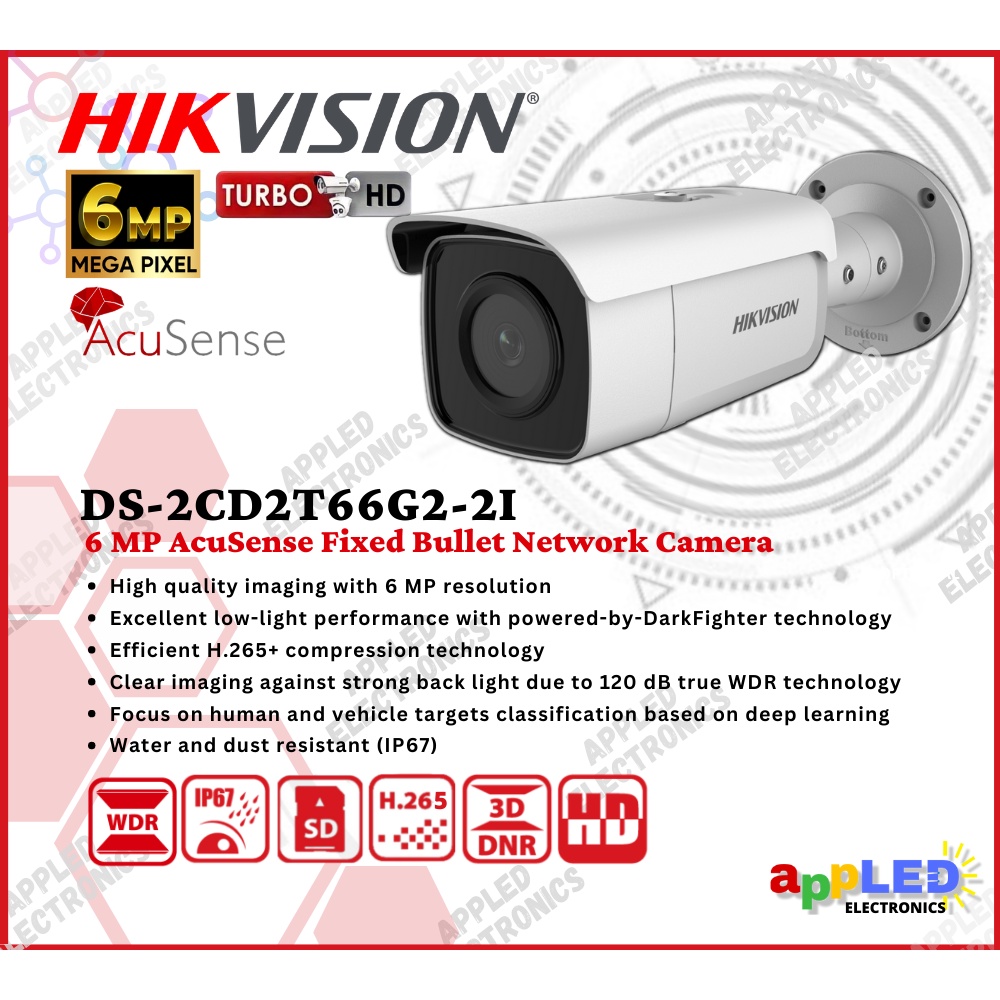 Hikvision DS-2CD2T66G2-2I 6MP Acusense DarkFighter Bullet IP Network Infrared CCTV Camera ...