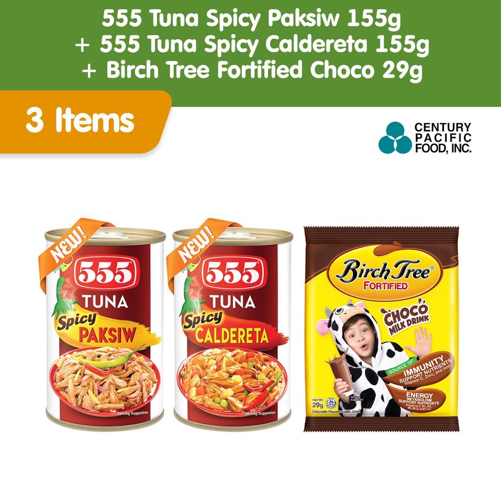 555 Tuna Spicy Paksiw 155g + 555 Tuna Spicy Caldereta 155g + Birch Tree ...