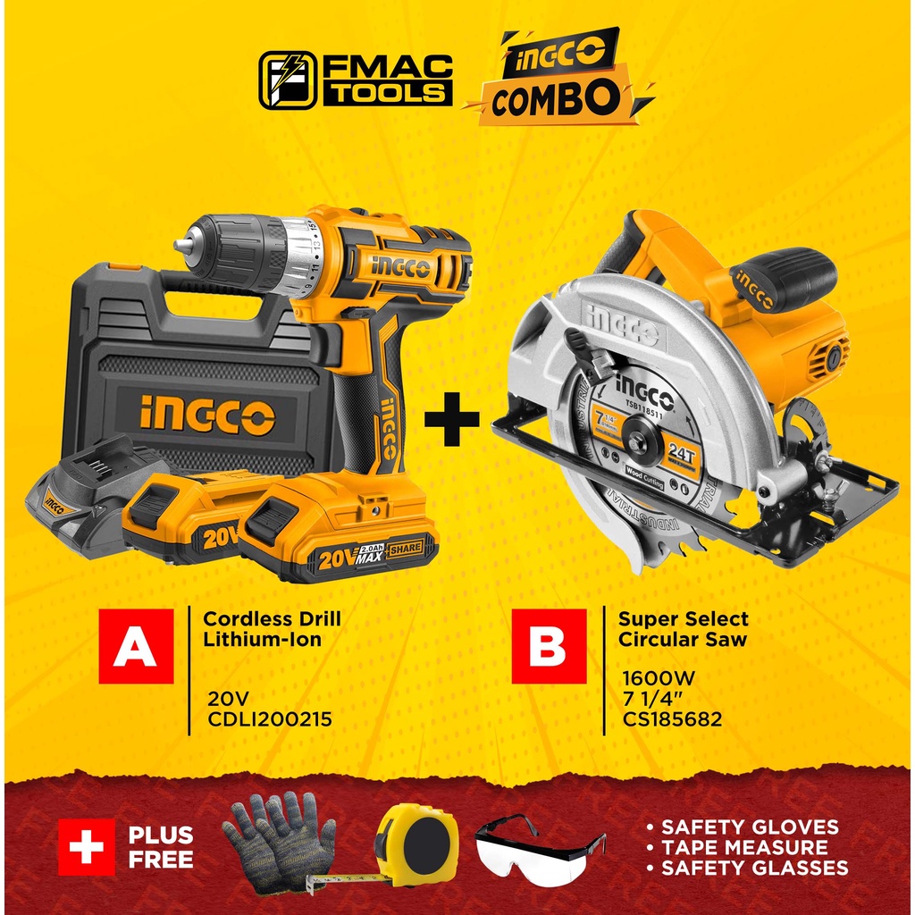 INGCO COMBO Cordless Drill Li-Ion 20V CDLI200215 + Circular Saw 1600W ...