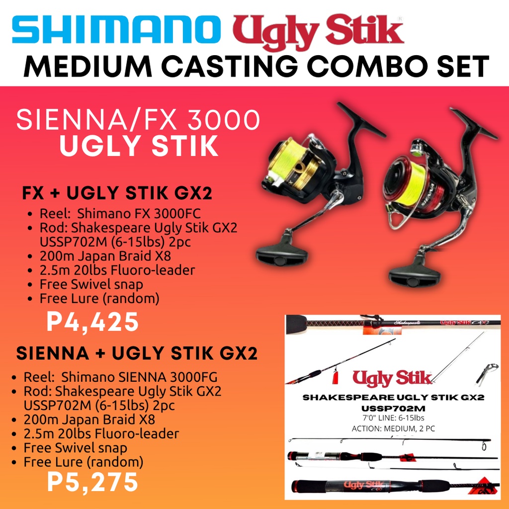 SHIMANO FX 3000 / Sienna 3000 & Ugly Stik GX2 7ft MEDIUM Casting Combo ...