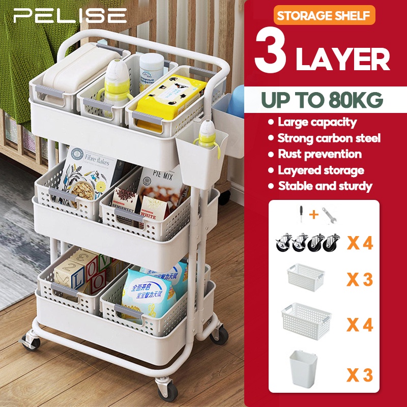 Pelise Trolley Cart Organizer 3-Tier Utility Cart With 4 Wide Baskets ...