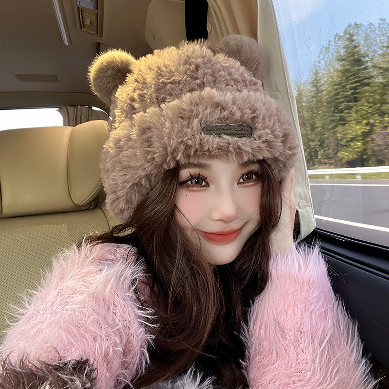 Women's Cute Hat Plush Hat Wool Hat Fashionable Bear Ear Hats | Shopee ...