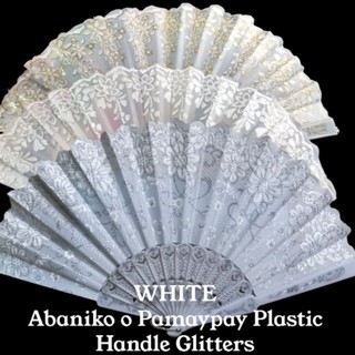 Abaniko o Pamaypay White Plastic Handle Glitters Flower Design Wedding ...