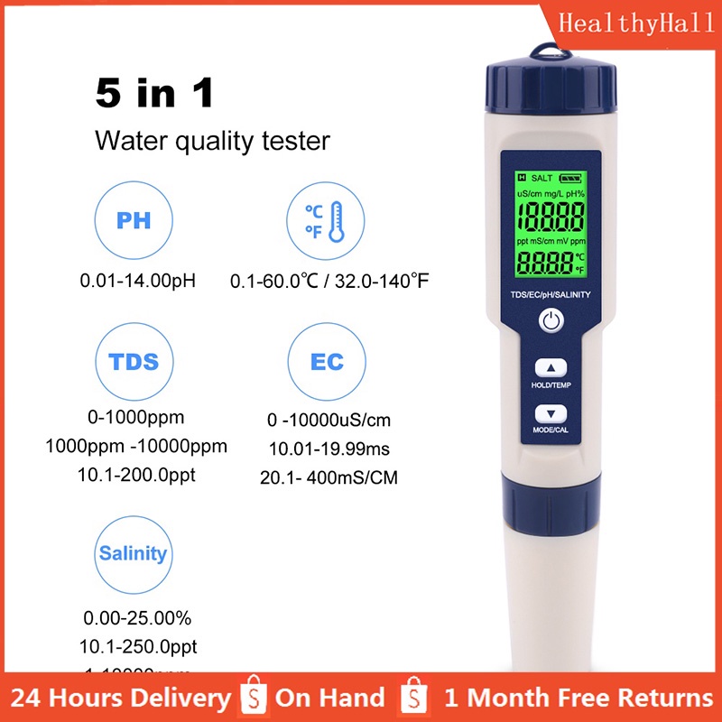 5 In 1 PH Meter Water Quality Tester PH/EC/TDS/Salinity/TEMP Digital ...