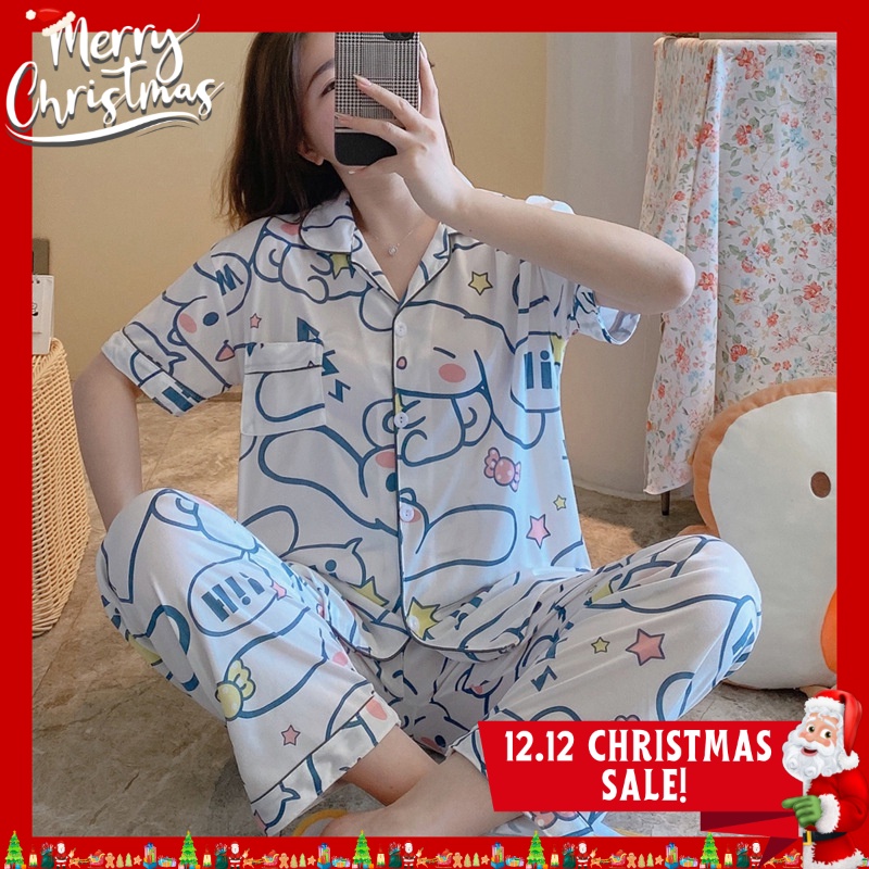 Women 2IN1 Terno Cute Print Cotton Collar Short Sleeves Sleepwear ...