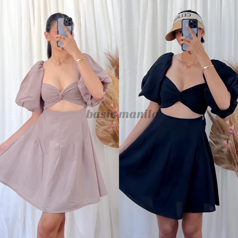 Mayumi Puffsleeves Twisted Bust Dress by Basic Manila | Shopee Philippines