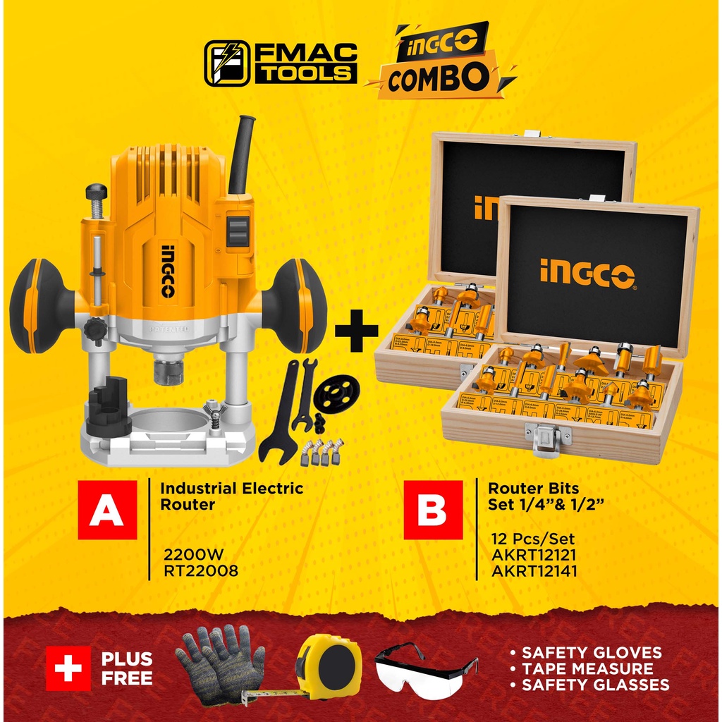 INGCO COMBO Electric Router 2200W + 12pcs Router bits set 1/4" + bits ...