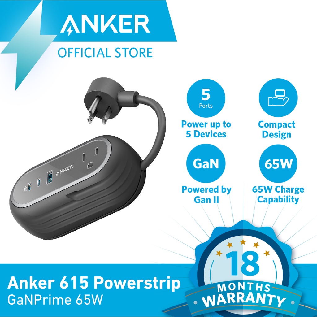 Anker GanPrime 65W Charging Station, 615 USB C 5-in-1 3ft Power Strip ...