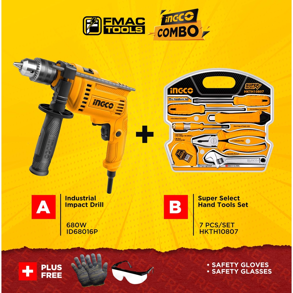 INGCO COMBO Impact Drill ID68016P + Hand Tools Set 7PCS/SET HKTH10807 ...