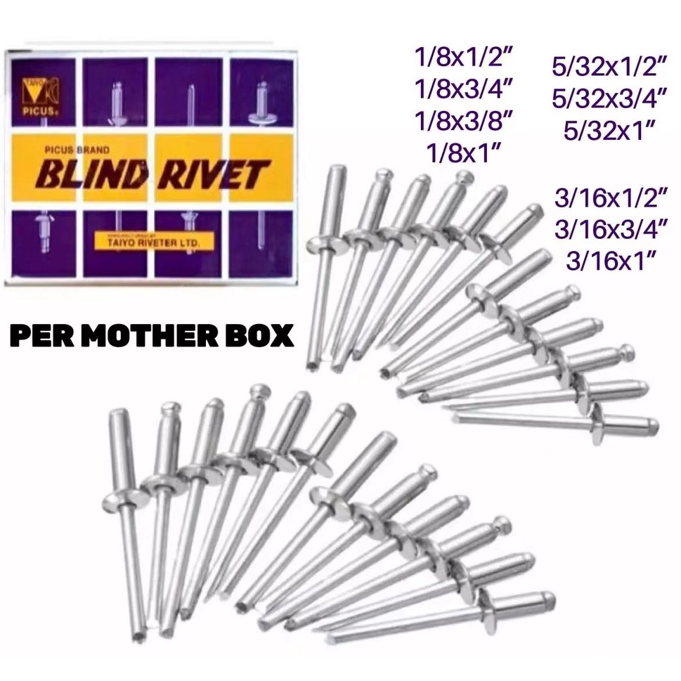 Blind Rivet PER MOTHER BOX 1/8x1/2" 1/8x3/4" 1/8x3/8" 1/8x1" (20pcs ...