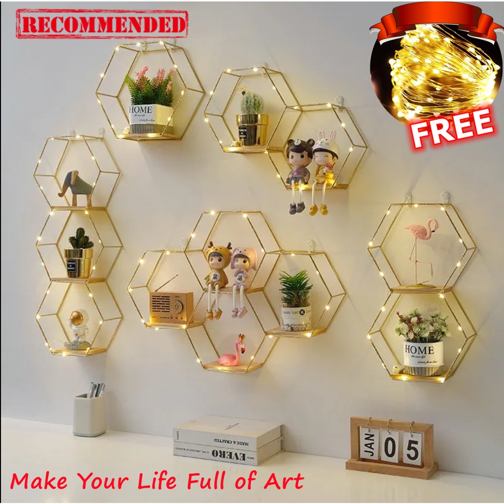 Hexagon Floating Shelves Wall Decor, Gold Metal Wire and Wood Wall ...
