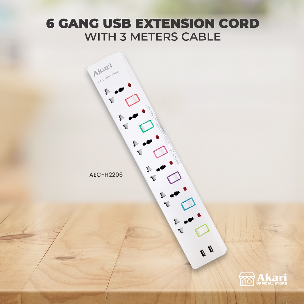 Description of Akari 6 Gang USB Extension Cord (AEC-H2206) | Shopee ...