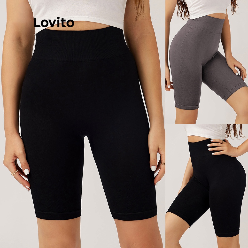 Lovito Sporty Plain High Waist Basic Sport Cycling Shorts For Woman