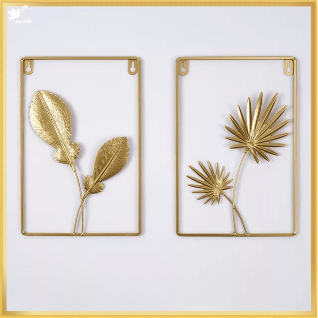 (COD) Metal wall decoration, square frame, leaf art gold frame leaf ...