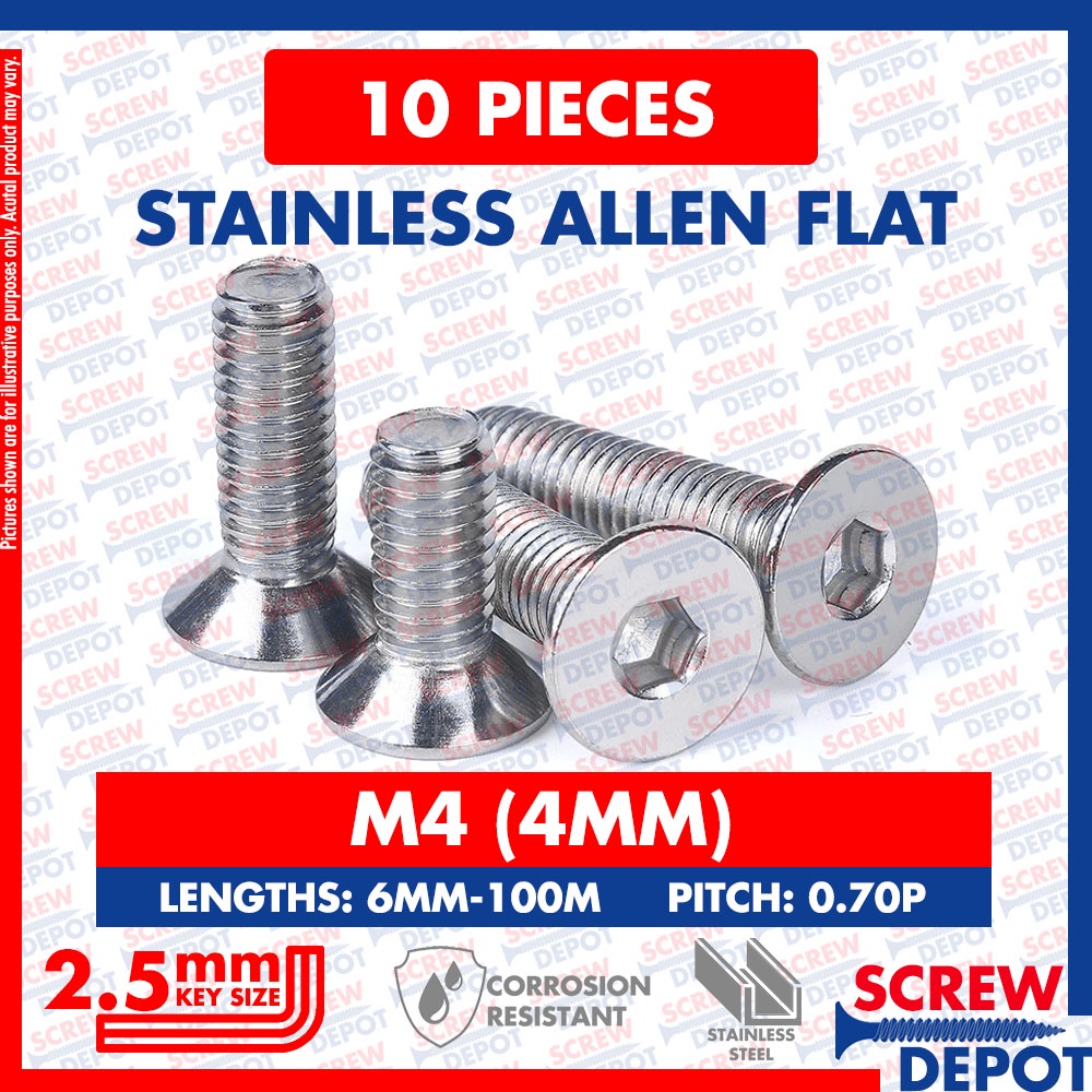 10PCS M4 ( 4MM ) SS Allen Flat / Socket Flathead / Stainless ...