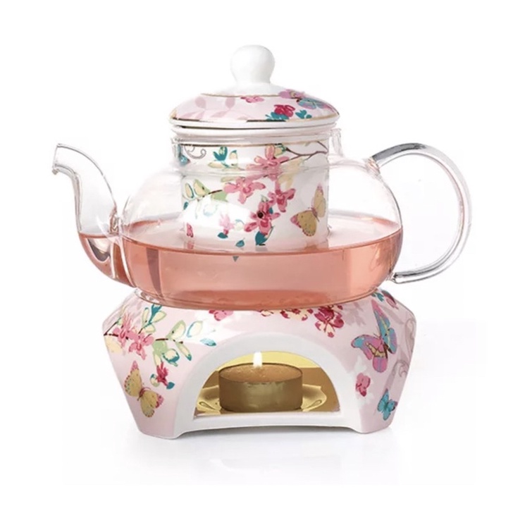 Pink Butterfly Teapot 600ml with warmer free candle & strainer bone ...