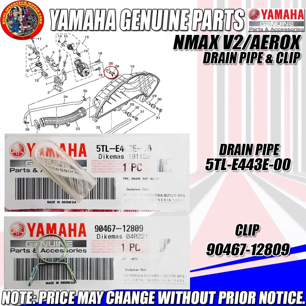 NMAX V2/AEROX DRAIN PIPE & CLIP (YGP) (GENUINE: 5TL-E443E-00 , 90467 ...