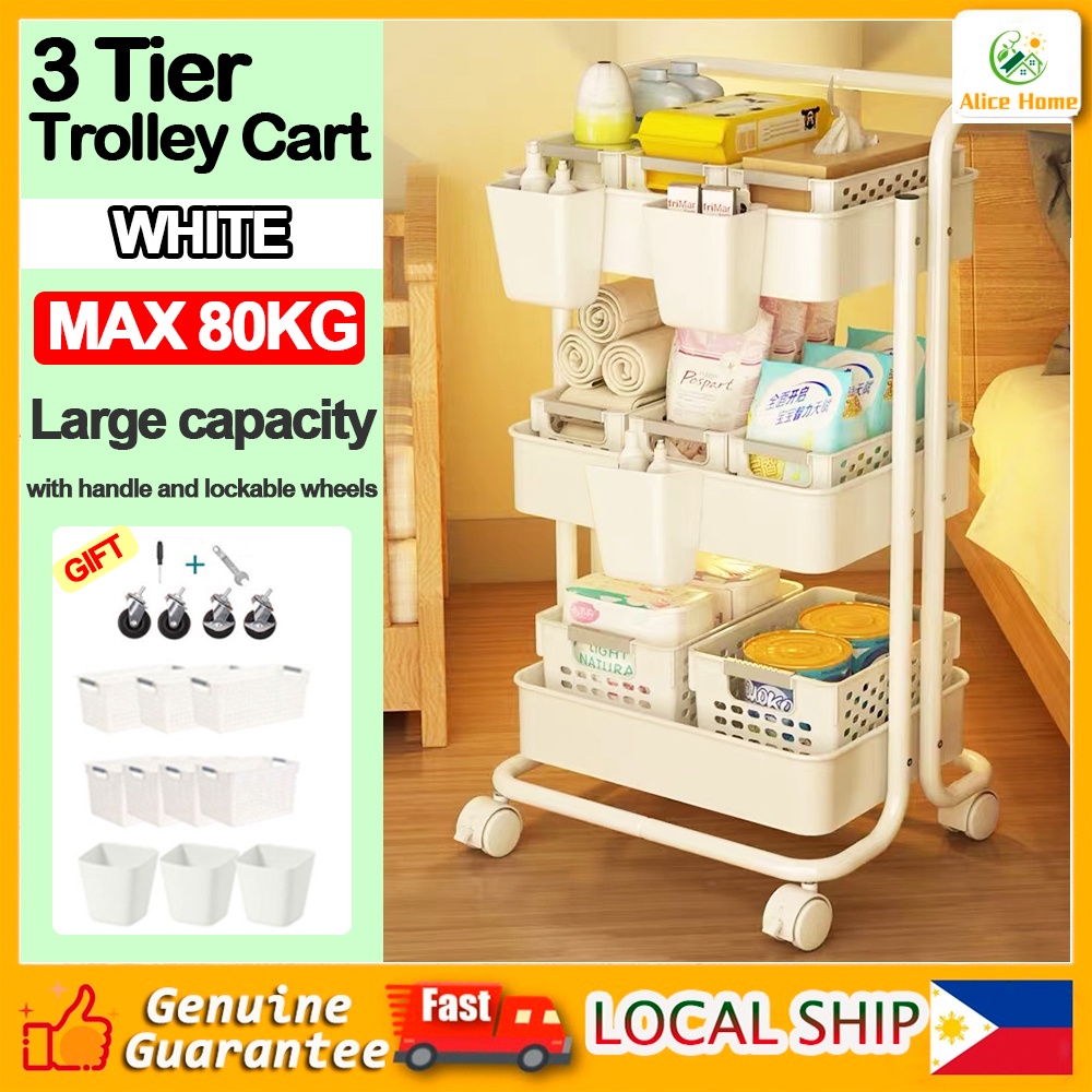 Trolley Cart Organizer 3 Tier Utility Cart with 7 Baskets and 3 Hanging ...