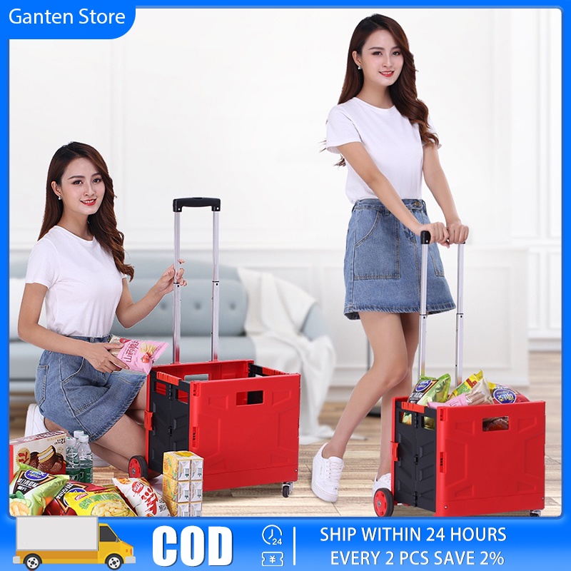 Foldable Shopping Cart Utility Grocery Trolley 40L Plastic Shopping ...