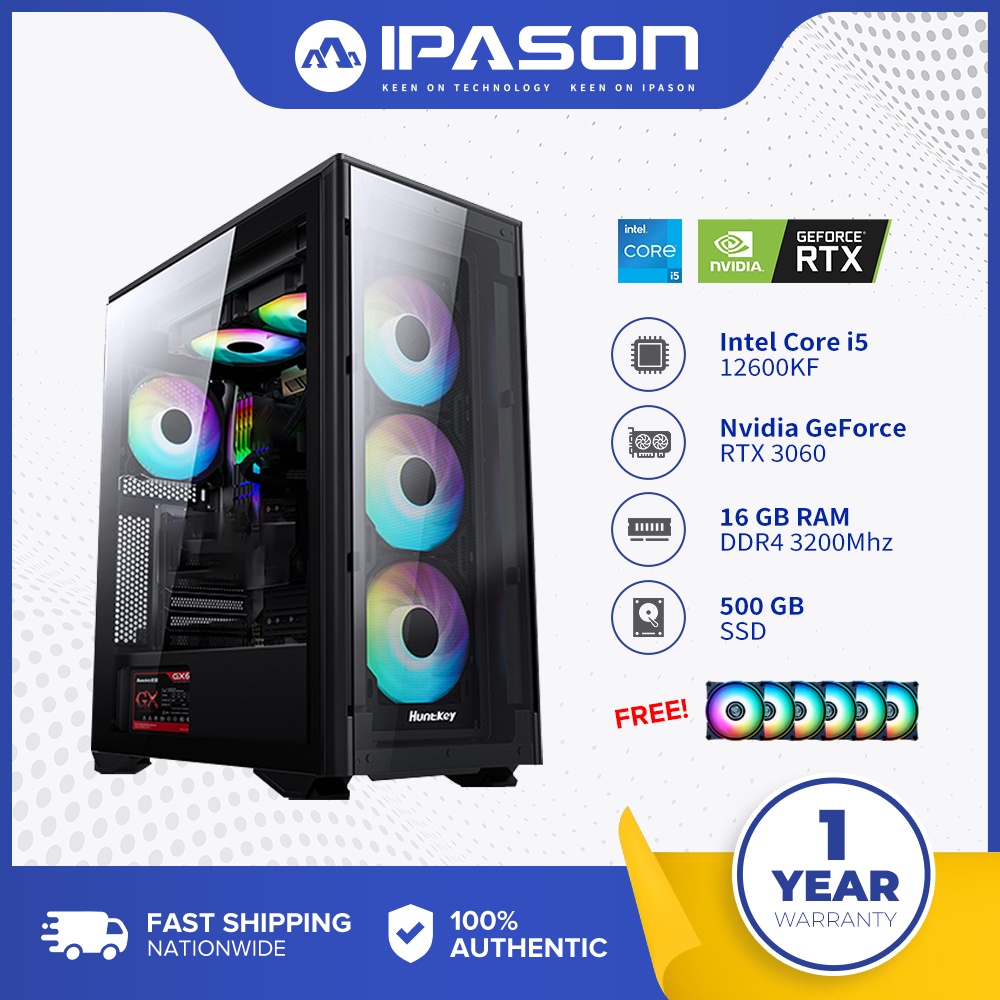 IPASON Gaming PC Core i5 12600KF Bundle 12600K Intel Processor RTX 3060 Graphics Card GDDR6 DDR5 ...