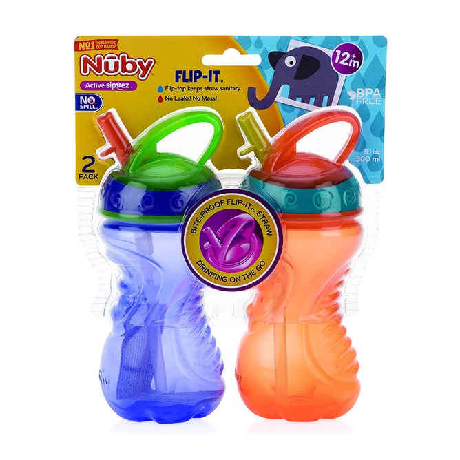Nuby Bite-Proof Flip-It Straw Cups, 10oz/300ml - Pack of 2 - Purple & Orange | Shopee Philippines