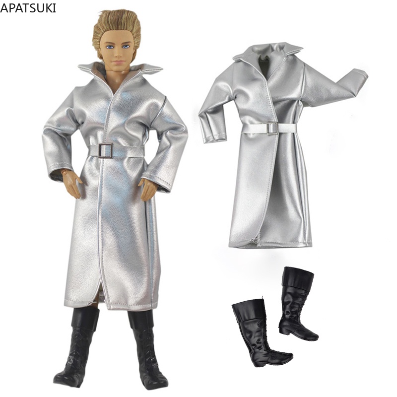 Silver Leather 1/6 Doll Clothes For Ken Boy Doll Long Coat Jacket Boots ...