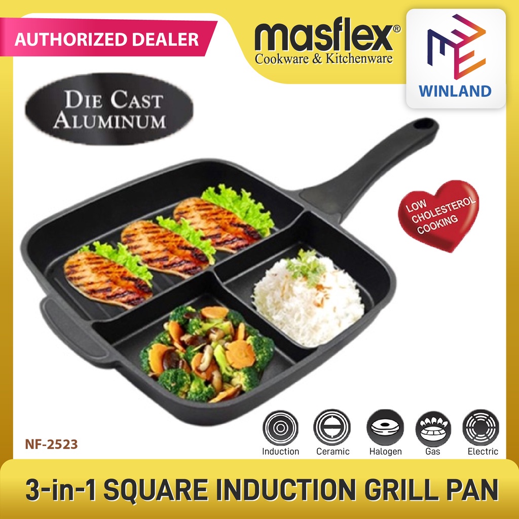 MASFLEX by Winland 3 in 1 Square Non Stick Induction Grill Pan in Die Cast Aluminum NF-2523 ...