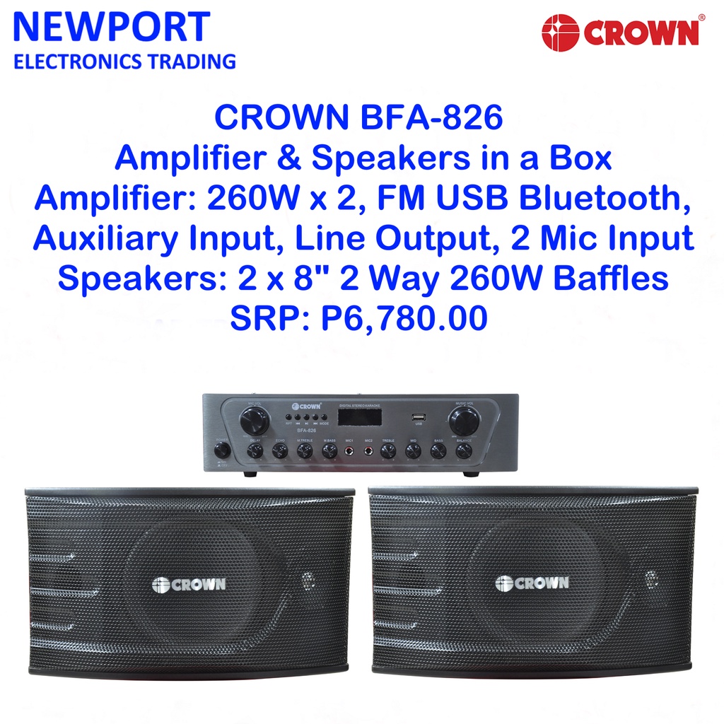 Crown BFA-826 Mini Component with 260w x 2 Amplifier, FM Radio, USB ...