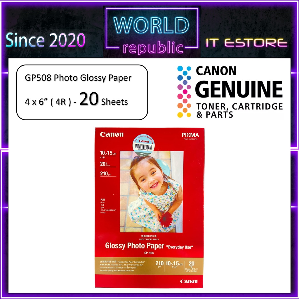 Canon GP-508 GP508 Everyday Use Glossy Photo Paper - 20 Sheets ( 4R ...