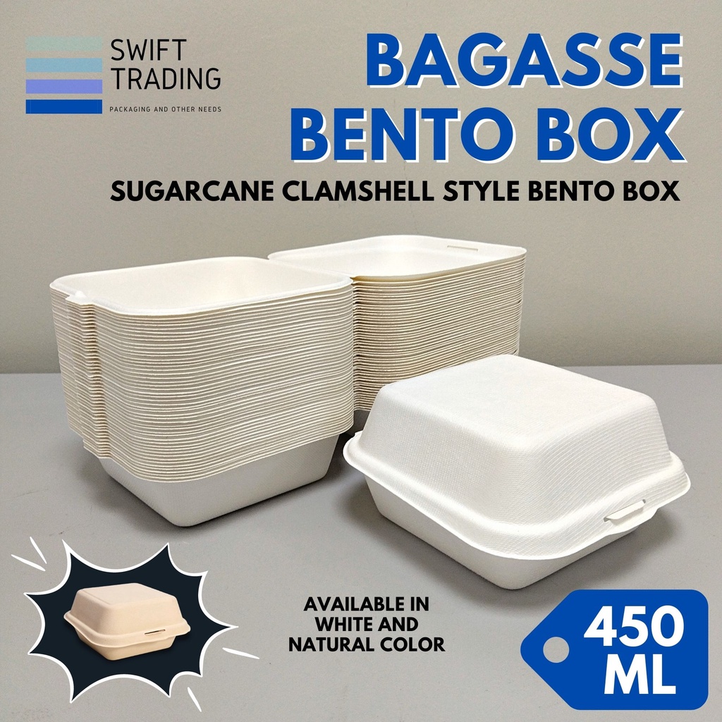 Sugarcane Bento Cake / Hamburger Box 450ml (Natural/ White) Bagasse ...