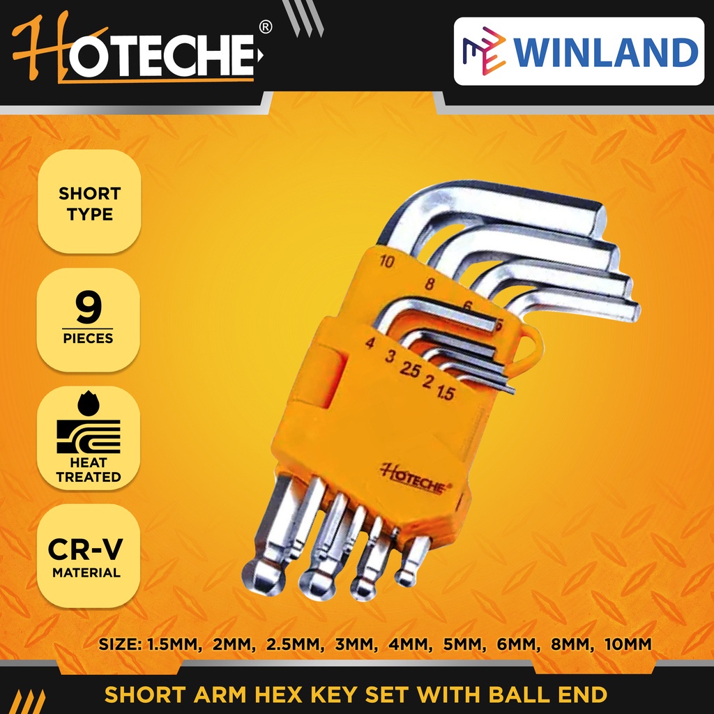 HOTECHE by Winland 9pcs Short Arm Hex Key Set w/ Ball End CR-V Material ...