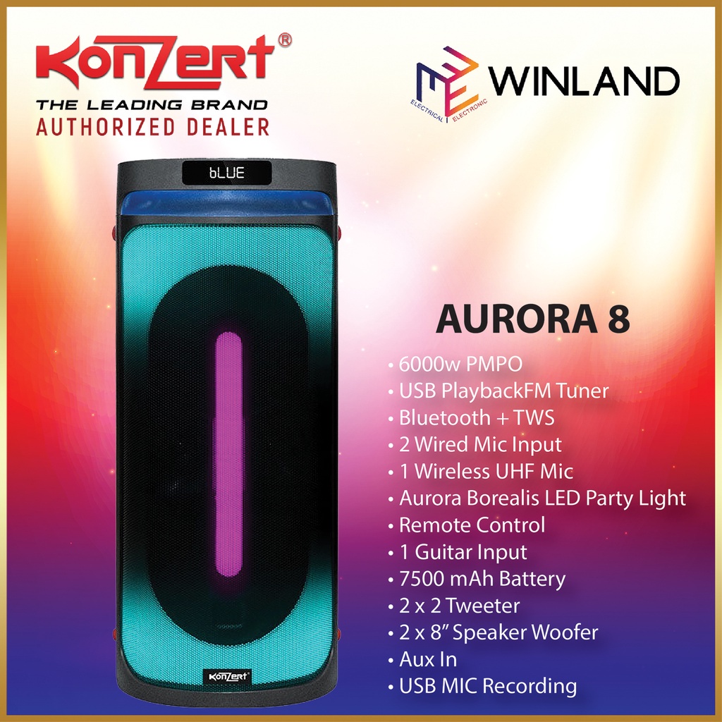 KONZERT AURORA 8 2 x 8" Party Speaker System with Bluetooth+TWS, USB ...