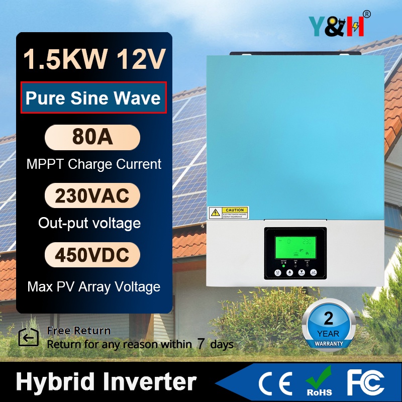 Y&H 1500W Solar Hybrid Inverter DC12V to AC230V, Off-Grid Pure Sine Wave Inverter with 80A MPPT ...