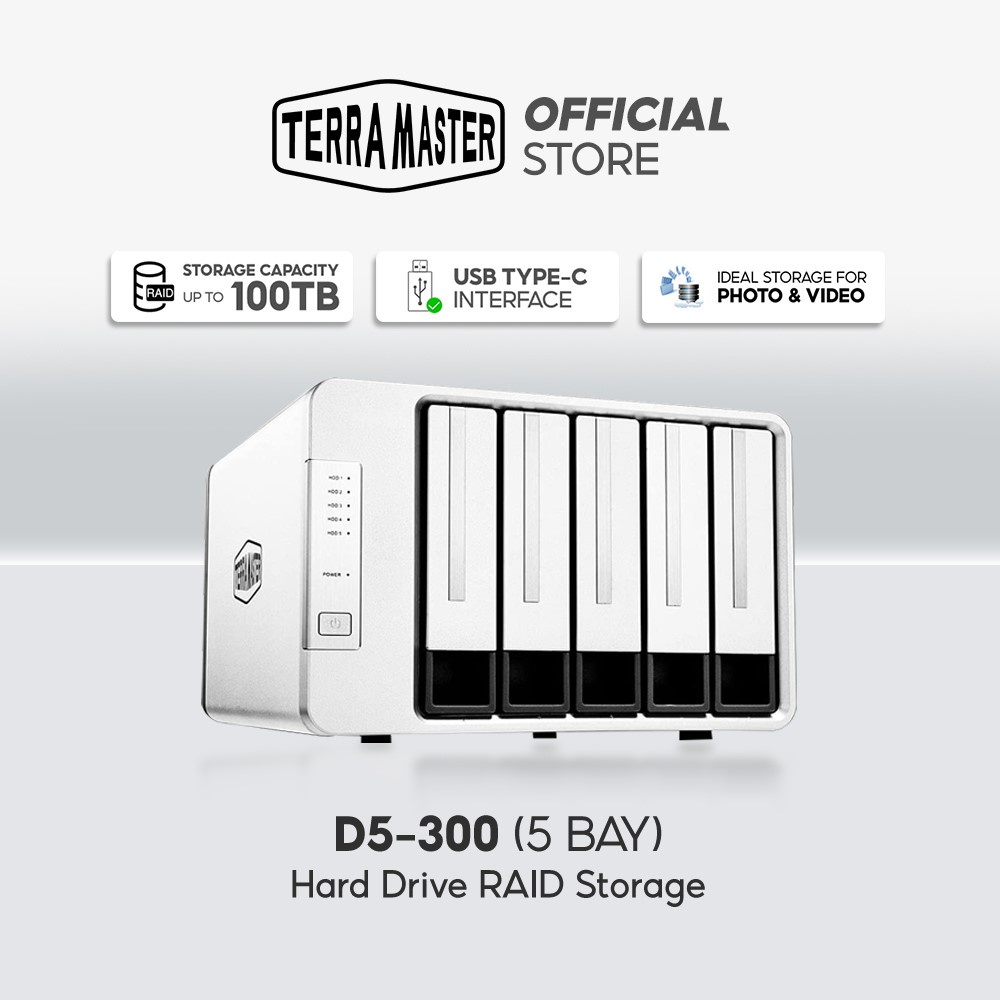 TerraMaster D5-300 Direct Attached Storage, 5-Bay Enclosure, RAID 0/1/5 ...