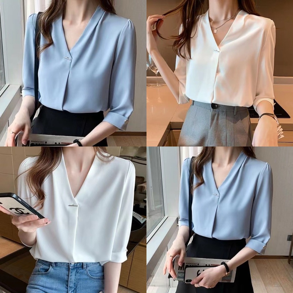【Local delivery】Formal Office Shirts Korean Style Women V Neck Chiffon ...