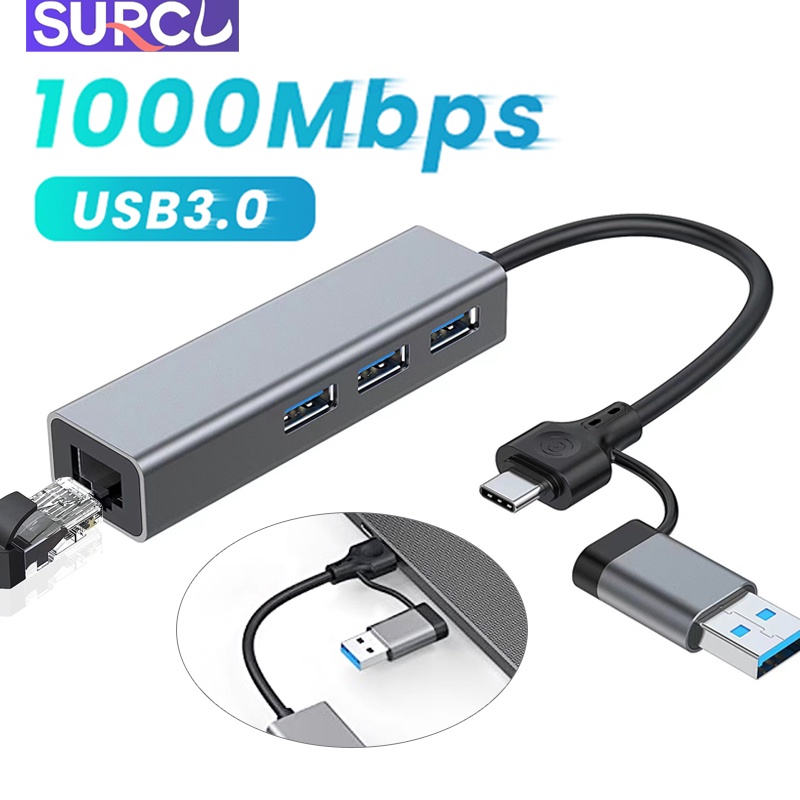 USB Type C to Lan Adapter 3 Port USB 3.0 Hub with RJ45 1000Mbps Lan ...
