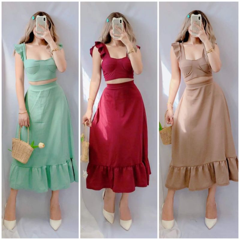 Ruffle Top Maxi Skirt Coordinates Set | Shopee Philippines