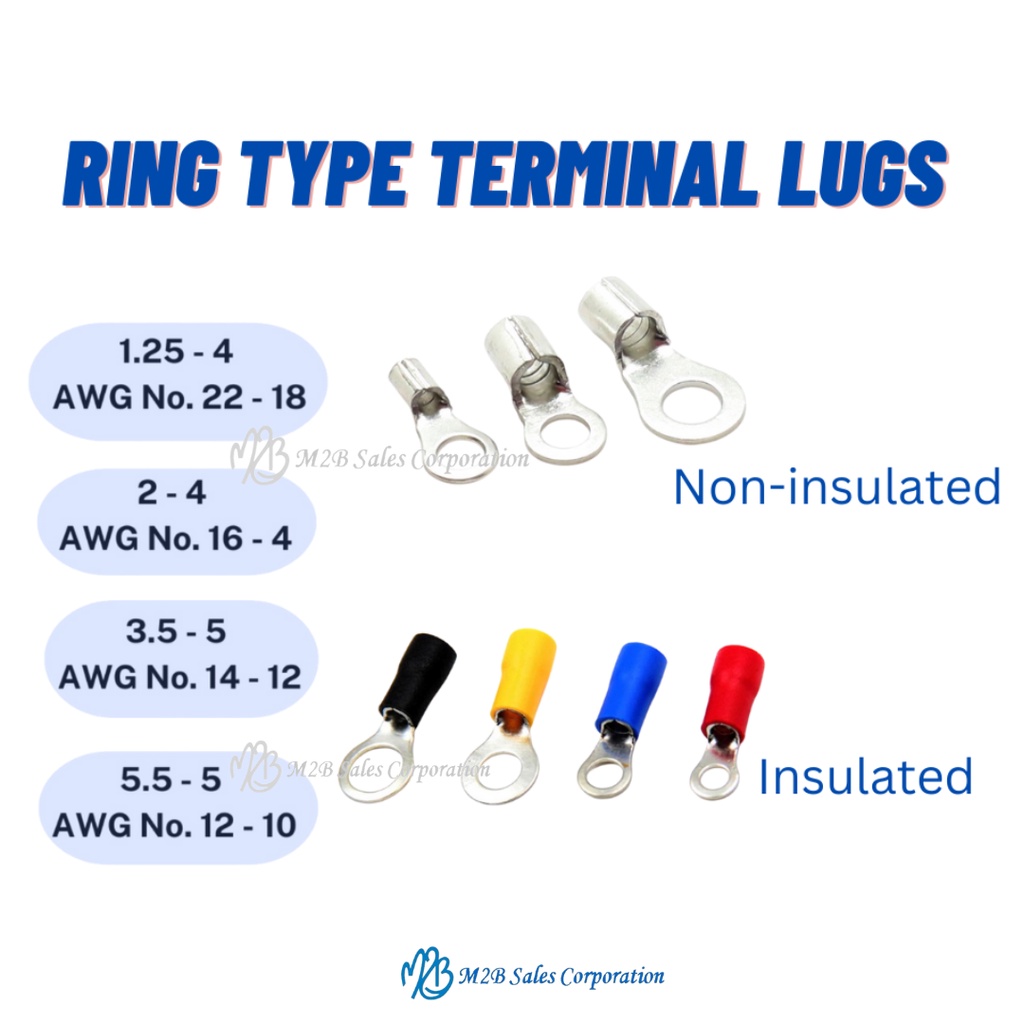 Non-insulated Insulated Ring Type Terminal Lugs 1.25-4 , 2-4 , 3.5-5 , 5.5-5 (100pcs/pack ...