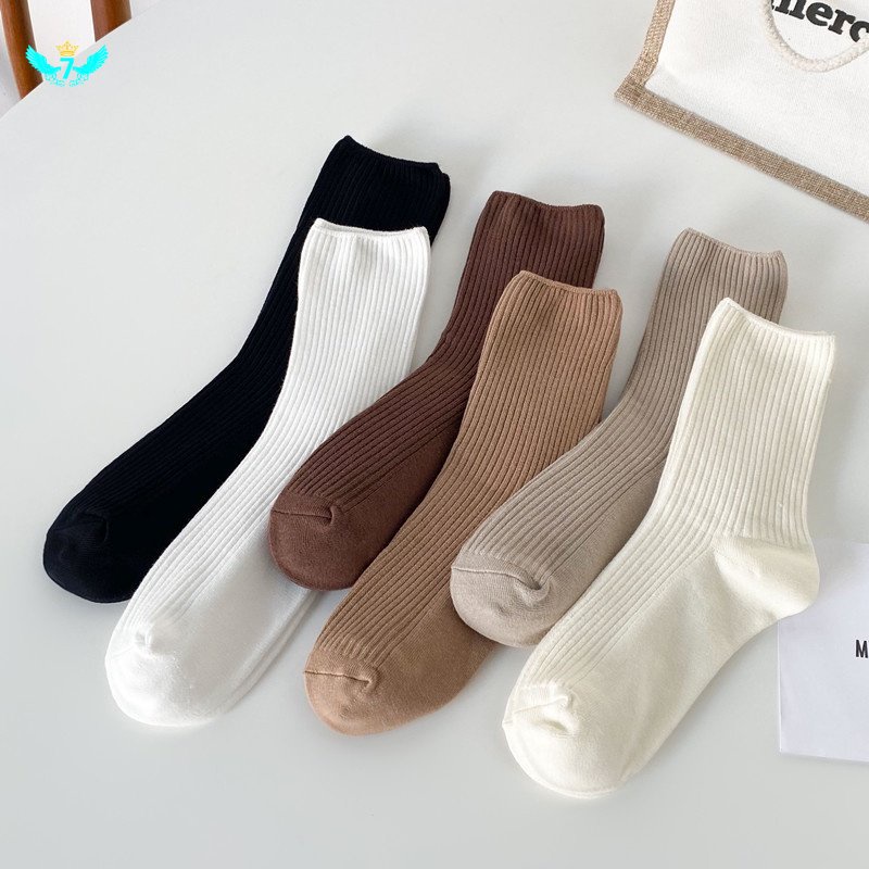 New Korean Solid Color Textured Middle Tube Socks For Womens Indoor ...