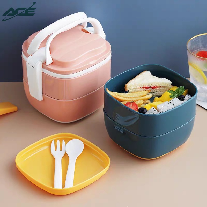 2 Layer Portable Square Plastic Lunch Box With Spoon Fork School Office ...