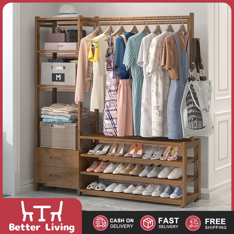 Bamboo Clothes Rack Stand with Shoe Rack Clothes Hanger Landing Clothes ...