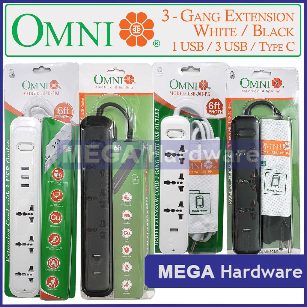 Omni Travel Extension Cord 3 Gang with 1 USB Port/ 3 USB Port / Type-C ...