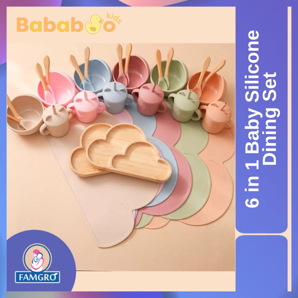 6 in 1 Baby Silicone Dining Set (Mat, Plate, Bowl, Spoon, Fork Sippy ...