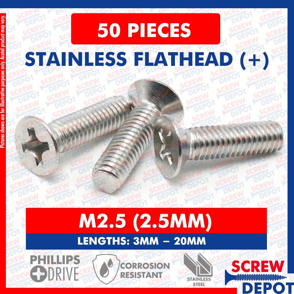 50PCS SS Flat Head M2.5 ( 2.5mm ) Stainless Flathead Bolt Counter Sunk JF Screw Depot | Shopee ...