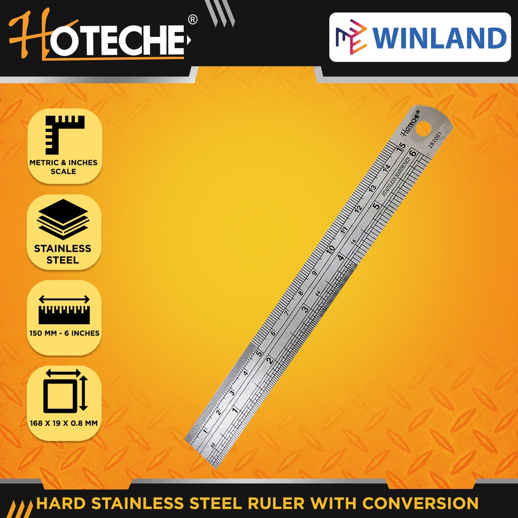 HOTECHE by Winland 6"/150mm Hard Stainless Steel Ruler with Conversion ...