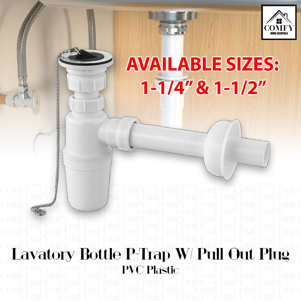 PVC Lavatory Bottle P-Trap Sizes with Pull Out Plug Set 1-1/4" or 1-1/2 ...
