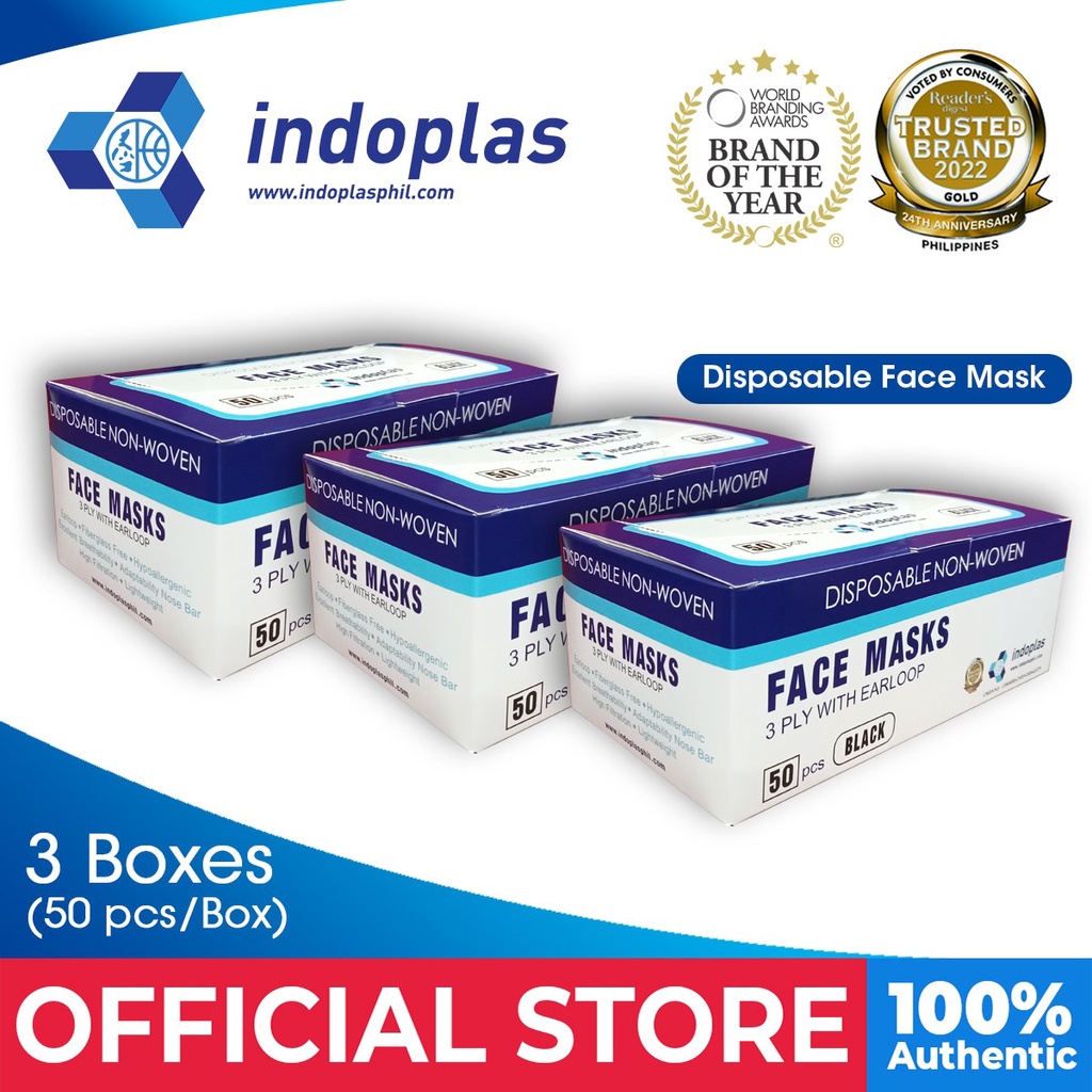 Indoplas Disposable Face Mask 3-Ply Earloop- Black - 3 boxes (150 pcs ...