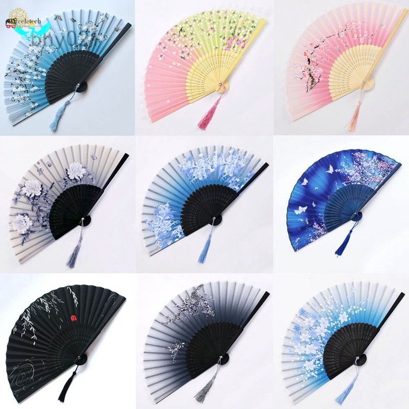 Vintage Bamboo Folding Hand Held Flower Fan Chinese Dance Party Pocket ...