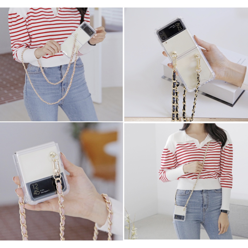 Clear jelly hard case with long chain strap for galaxy z flip 1 2 3 4 ...