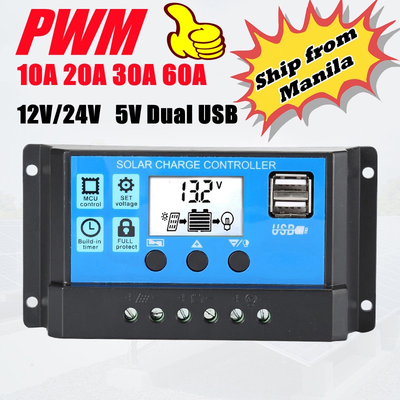 10/20/30/60A PWM 12V/24V Solar Panel Regulator Charge Controller battery charger LCD Display USB ...